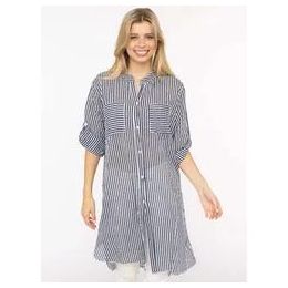 Longbluse Zwillingsherz "Kida", Damen, marine, Web, Obermaterial: 100% Baumwolle, comfort fit lang, V-Ausschnitt, Krempel&auml;rmel 1-Knopf-Manschette, Blusen Longbluse, One Size, Streifen, Knopfleiste, Brusttaschen, 3/4-Arm
