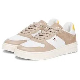 Plateausneaker Tommy Hilfiger "TH SPORTY CUPSOLE TUMBLED LTR", Herren, Gr. 39, taupe, wei&szlig;, gelb, Leder, Schuhe Plateausneaker, Freizeitschuh, Halbschuh, Schn&uuml;rschuh mit Kontrastbes&auml;tzen