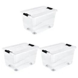 Aufbewahrungsbox keeeper "Konrad, Box mit Rollen, 3er Set, 52 L, 59,5 x 39,5 x 35 cm", transparent, B:59,5cm H:35cm T:39,5cm, Kunststoff, Aufbewahrungsboxen, Aufbewahrungsbox, durch Clips verschlie&szlig;bar, Griffe und Rollen am Boden