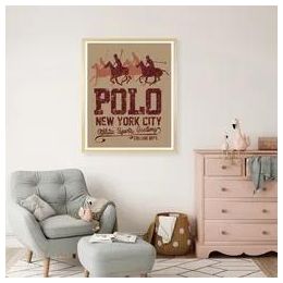 Bild mit Rahmen queence "Vintage Polo Club New York", farbe rahmen: beige, farbe bild(er): dunkelrot, B:30cm H:40cm T:1,5cm, Acrylglas, Holzrahmen, Bilder, HD Premium Poster-Druck inkl. Echtholzrahmen in beige