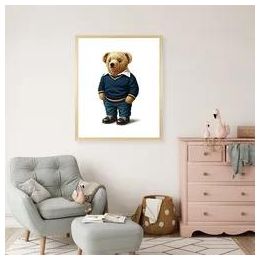 Bild mit Rahmen queence "Vintage Polo Teddy B&auml;r in Pullover und Hemd", farbe rahmen: beige, farbe bild(er): blau, B:50cm H:70cm T:1,5cm, Acrylglas, Holzrahmen, Bilder, HD Premium Poster-Druck inkl. Echtholzrahmen in beige