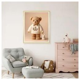 Bild mit Rahmen queence "Vintage Polo Teddy B&auml;r M&auml;dchen mit Schleife", farbe rahmen: beige, farbe bild(er): beige, B:30cm H:40cm T:1,5cm, Acrylglas, Holzrahmen, Bilder, HD Premium Poster-Druck inkl. Echtholzrahmen in beige