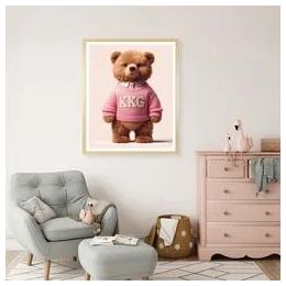 Bild mit Rahmen queence "Vintage Teddy B&auml;r M&auml;dchen mit Krawatte in rosa", farbe rahmen: beige, farbe bild(er): beige, B:50cm H:70cm T:1,5cm, Acrylglas, Holzrahmen, Bilder, HD Premium Poster-Druck inkl. Echtholzrahmen in beige