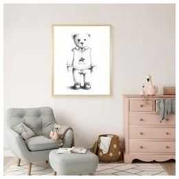 Bild mit Rahmen queence "Vintage Polo Teddy B&auml;r in Pullunder", farbe rahmen: beige, farbe bild(er): grau, B:30cm H:40cm T:1,5cm, Acrylglas, Holzrahmen, Bilder, HD Premium Poster-Druck inkl. Echtholzrahmen in beige