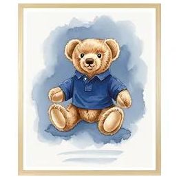 Bild mit Rahmen queence "Vintage Polo Teddy B&auml;r in Poloshirt", farbe rahmen: beige, farbe bild(er): blau, B:30cm H:40cm T:1,5cm, Acrylglas, Holzrahmen, Bilder, HD Premium Poster-Druck inkl. Echtholzrahmen in beige