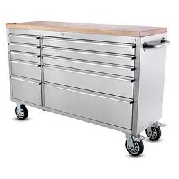 Werkstattwagen ONDIS24 "Werkzeugwagen aus Edelstahl mit 10 Schubladen", silberfarben, B:148cm H:92cm T:46,5cm, Stahl, Werkstattwagen, fahrbar, kugelgelagerten Schubladen, abschlie&szlig;bar, Massivholzplatte