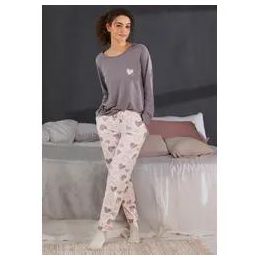Pyjama Vivance DREAMS, Damen, Gr. 52/54, grau, rosa, Single Jersey, Obermaterial: 60% Baumwolle, 40% Polyester, gemustert, Basic, loose fit lang, Rundhals, eingesetzt angesetztes B&uuml;ndchen, Homewear-Sets Pyjama, mit s&uuml;&szlig;em Herzchen-Print