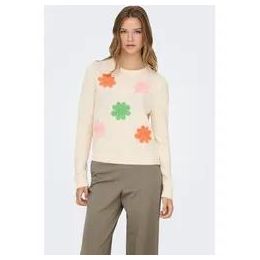 Strickpullover Only "ONLLOTUS LIFE LS FLOWER O-NECK EX KNT", Damen, Gr. S, baby's breath detail:mandarin ora, vibrant gre, tickled pin, Strick, Obermaterial: 87% Polyester, 10% Polyacryl, 3% Elasthan, gebl&uuml;mt, regular fit normal, Rundhals, Pullover Strickpullover