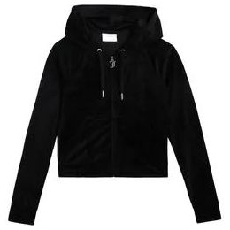 Kapuzennickijacke Juicy Couture "MADISON OUTLINE HOODIE WITH DIAMANTE BRA Damen", Damen, Gr. L, schwarz, Samt, 95% Polyester, 5% Elasthan, slim fit taillenlang, Jacken, Trainingsjacke Damen, Sweatjacke mit Kapuze, Velour, mit Glitzer, Sale