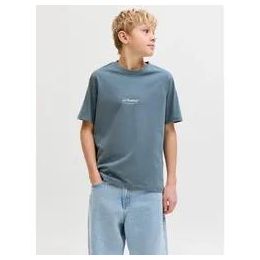 Jack & Jones T-Shirt JACK & JONES JUNIOR "JJESOHO TEE SS CREW NECK NOOS JNR", Jungen, Gr. 140, blau mirage, Single Jersey, Obermaterial: 100% Baumwolle, bedruckt, regular fit normal, Rundhals, Shirts T-Shirt
