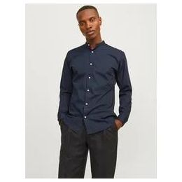 Jack & Jones Langarmhemd JACK & JONES "JJJOE SHIRT LS PLAIN MAO", Herren, Gr. XS, N-Gr, navy blazer, Web, Obermaterial: 65% Polyester, 35% Baumwolle, unifarben, slim fit h&uuml;ftlang, Hemden