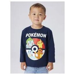 T-Shirt name it "NMMJUICE POKEMON LS NREG TOPBOX NOOS SKY", Jungen, Gr. 104, navy blazer, Jersey, Obermaterial: 95% Baumwolle, 5% Elasthan, bedruckt, unifarben, Basic h&uuml;ftlang, Rundhals, Shirts T-Shirt