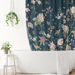 Bilderwelten Duschvorhang Illustrierte Blumen Chinoiserie auf Dunkelblau