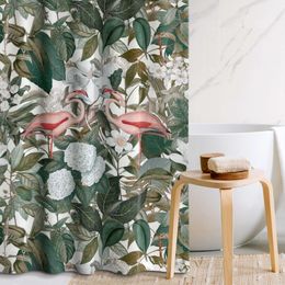 Bilderwelten Duschvorhang Rosa Flamingos mit Bl&auml;ttern und wei&szlig;en Blumen