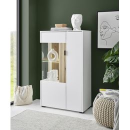 Vitrine Home Affaire, B:75cm H:125cm T:38cm, wei&szlig;, Holzwerkstoff, Wohnzimmer, Schr&auml;nke, "Hudson, Stauraumvitrine", in moderner Trendfarbe, Griffe aus