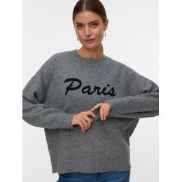 V&eacute;ro Moda VERO MODA Damen Strickpullover "VMBOOM LS O-NECK TEXT PULLOVER NOOS"medium grau melange detail:with schwarz with paris text, Gr. L, bedruckt,