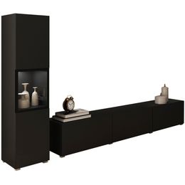 Wohnwand Home Affaire, B:220cm H:130cm T:33cm, schwarz, ABS-Kunststoff, Glas, Hartfaserplatte, Wohnzimmer, Kastenm&ouml;bel-Sets, "BERLIN I, Vitrine