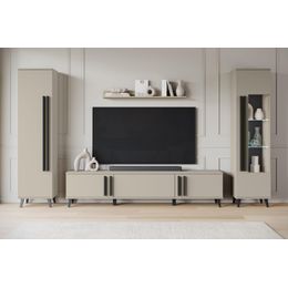 Wohnwand Home Affaire, B:260cm H:159,5cm T:33cm, braun, Holzwerkstoff, Wohnzimmer, Kastenm&ouml;bel-Sets, "Helsinki, Modernes Set mit verglaster Vitrine",