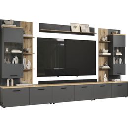 Wohnwand Home Affaire, B:360cm H:212cm T:40cmanthrazit, evoke eiche, Glas, Holzwerkstoff, Kunststoff, Wohnzimmer, Kastenm&ouml;bel-Sets, "Bajo", Set