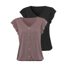 Lascana Damen Kurzarmshirt "mit Zierknopfleiste und Fl&uuml;gel&auml;rmelchen", grau, Gr. 40, unifarben, Obermaterial: 65% Polyester (REPREVE), 35% Viskose,