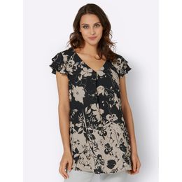 Damen Druckbluse, beige, Gr. 54, bedruckt, gebl&uuml;mt, gemustert, mehrfarbig, 100% Polyester, Blusen