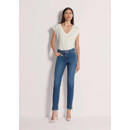 Madeleine Mode MADELEINE Damen Regular-fit-Jeans "Jeans Slim-Fit Jeans mit Kettendetail", blau, Modern, Gr. 18, Obermaterial: 93% Baumwolle CO. 5% Polyester PES. 2%