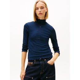 Tommy Jeans Damen Langarmshirt "TJW SLIM RIB LETTUCE EDGE LS"schwarz night navy, Gr. L, unifarben, Single Jersey, Obermaterial: 95% Baumwolle, 5%