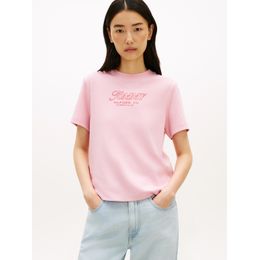 Kurzarmshirt Tommy Hilfiger "TILT GRAPHIC REG C-NK SS TEE", Damen, Gr. L (42/44), pink, Single Jersey, Obermaterial: 100% Baumwolle, bedruckt, unifarben, normal, Rundhals, Shirts, mit gro&szlig;em Logo-Print