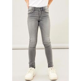 name it M&auml;dchen Skinny-fit-Jeans "NKFPOLLY SKINNY JEANS", blau, Gr. 146, Abriebeffekte, unifarben, Denim/Jeans, Obermaterial: 72% Baumwolle, 26%
