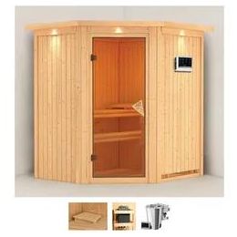 Sauna Karibu "Tomke", beige (naturbelassen), Bio-Kombiofen, externe Steuerung, 3,6 kW, Saunen, Ofen 3,6 kW Bio-Ofen externe Strg. easy
