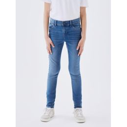 name it M&auml;dchen Skinny-fit-Jeans "NKFPOLLY SKINNY JEANS", blau, Gr. 134, Abriebeffekte, unifarben, Denim/Jeans, Obermaterial: 71% Baumwolle, 27%