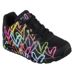 Sneaker Skechers "UNO - HIGHLIGHT LOVE", Damen, Gr. 41, bunt (schwarz, multi), Lederimitat, Textil, kontrastfarbene Details, Schuhe Sneaker, Freizeitschuh, Halbschuh, Schn&uuml;rschuh mit Herzchen-Print