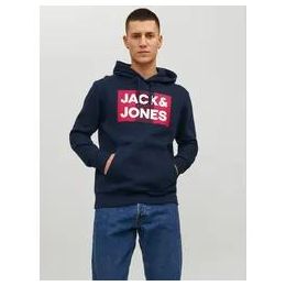 Jack & Jones Kapuzensweatshirt JACK & JONES "JJECORP Kapuze und Frontprint", Herren, Gr. XL, blau (navy blazer), Obermaterial: 61% Polyester, 39% Baumwolle, bedruckt, normal, Rundhals, B&uuml;ndchen, Sweatshirts, bedruckt, modisch, regular fit, Baumwollmischung, Rundhals