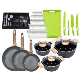 Topf-Set King "&raquo;ESSENTIAL&laquo; Aluminium, Induktion, Antihaftbeschichtung", gr&uuml;n, 7,5 l, T&ouml;pfe, 3 Pfannen, 4 K&uuml;chenmesser, 1 Schneidebrett, 5 Vorratsdosen mit Deckel