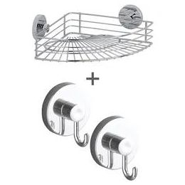 Eckregal Wenko "Vacuum-Loc Modell Bari", silber (chrom), B:31cm H:9,2cm T:22,5cm, Metall, Regale, Eckregal, f&uuml;rs Badezimmer mit 2 Haken, Befestigen ohne Bohren