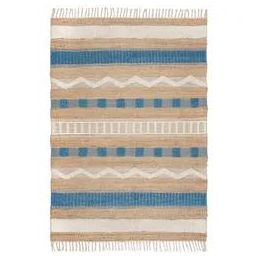 Teppich FLAIR RUGS "Medina, mit abstraktem Streifenmuster", blau, B:120cm H:12mm L:170cm, Baumwolle, Jute, Wolle, Teppiche, Teppich, Boho-Look, aus Naturfasern wie Wolle & Jute