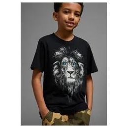 T-Shirt Kidsworld "Mit L&ouml;wenprint: LION WITH BLUE EYES", Jungen, Gr. 140/146, schwarz, Jersey, Obermaterial: 100% Baumwolle, bedruckt, Basic, Rundhals, Shirts T-Shirt, Kurzarm, Basic-Passform, mit trendigem Druck, Rundhalsausschnitt