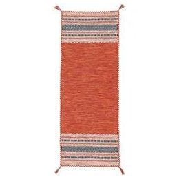Teppich CarpetFine "Kelim Azizi, auch als L&auml;ufer erh&auml;ltlich", orange, B:80cm H:5mm L:500cm, Baumwolle, Teppiche, Teppich, handgewebt, Baumwolle, Wendeteppich mit Fransen, Fleckerl, Wohnzimmer