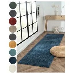 Hochflor-L&auml;ufer "My Shaggy", blau (dunkelblau), B:80cm H:37mm L:200cm, Polypropylen (PP), MyFlair M&Ouml;BEL & ACCESSOIRES, Teppiche, Shaggy, Uni Farben, leicht gl&auml;nzend, Microfaser, extra flauschig