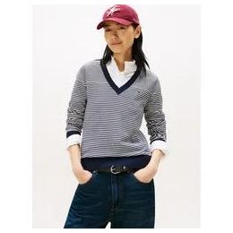 V-Ausschnitt-Pullover Tommy Hilfiger "CO JERSEY STITCH V-NK SWEATER mit V-Ausschnitt und Ripp", Damen, Gr. XS (34), blau (bretton stripe schwarz night navy), Feinstrick, Obermaterial: 67% Baumwolle, 33% Polyamid, gestreift, Basic, regular fit h&uuml;ftlang, V-Ausschnitt, eingesetzt Rippstrickb&uuml;ndchen, Pullover, Baumwollmischung