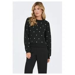 Sweatshirt Only "ONLATIKA L/S O-NECK GLITTER EMB. BOX SWT", Damen, Gr. XS, schwarz (schwarz detail:anny hearts big (gold)), Sweatware, Obermaterial: 65% Polyester, 35% Baumwolle, bedruckt, Rundhals, Sweatshirts Sweatshirt