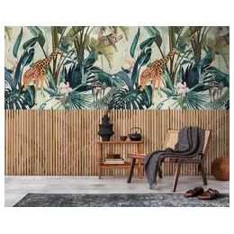 Livingwalls Fototapete LIVING WALLS "THE WALL III Tapete mit Tieren Motivtapete Dschungel Tiere", beige (beige,braun,blau), B:2,8m H:0,02m L:1,59m, Vlies, Tapeten, Vliestapete Wandpaneel-Optik f&uuml;r Schlafzimmer K&uuml;che Wohnzimmer Tiere
