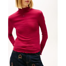 Tommy Jeans Damen Langarmshirt "TJW SLIM RIB LETTUCE EDGE LS"lavish cerise, Gr. L, unifarben, Single Jersey, Obermaterial: 95% Baumwolle, 5%