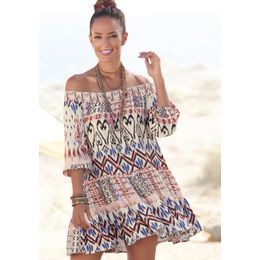 Buffalo Damen Tunikakleid "mit Carmenausschnitt, luftiges Strandkleid mit Ethnomuster", beige, Gr. 36, bedruckt, ethno, Web, Obermaterial: 100%