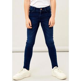 name it M&auml;dchen Skinny-fit-Jeans "NKFPOLLY SKINNY JEANS", blau, Gr. 158, Abriebeffekte, unifarben, Denim/Jeans, Obermaterial: 72% Baumwolle, 26%