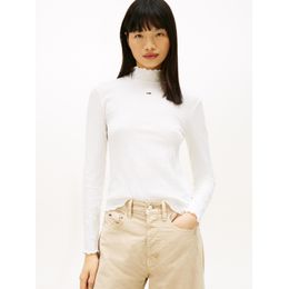 Tommy Jeans Damen Langarmshirt "TJW SLIM RIB LETTUCE EDGE LS"ecru, Gr. S, unifarben, Single Jersey, Obermaterial: 95% Baumwolle, 5% Elasthan, Shirts,