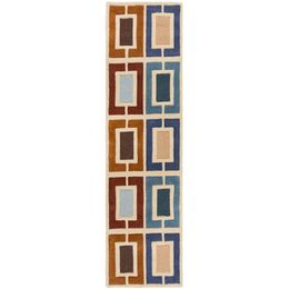 Wollteppich FLAIR RUGS "Retro Blocks mit Hoch-Tief-Effekt", blau, B:60cm H:10mm L:230cm, Wolle, Teppiche, handgeschnitzter Wollteppich,Wohnzimmer, Schlafzimmer, Esszimmer