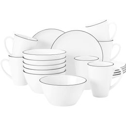Fr&uuml;hst&uuml;cks-Geschirrset Seltmann Weiden "Geschirr-Set, 18 Teile, Lido Black Line, rund", schwarz-wei&szlig; (wei&szlig;, schwarz), 18 Stk., Porzellan, Geschirr-Sets, Becher, Teller, Schalen, 18 Teile, 6 Personen, Made in Germany