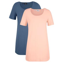 T-Shirt bonprix, Damen, Gr. 40/42 (M), blau (indigo, hellpfirsich), Obermaterial: 95% Baumwolle, 5% Elasthan, loose fit, Shirts T-Shirt, lockerer loose fit, Halbarm, Casual Stil