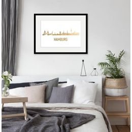 Bild queence "Hamburg Skyline GOLD", gold (farbe rahmen: schwarz, farbe bild(er): goldfarben), B:70cm H:50cm, Acrylglas, Holz, Papier, Bilder, Bild, HD Premium Poster-Druck inkl. Holzrahmen